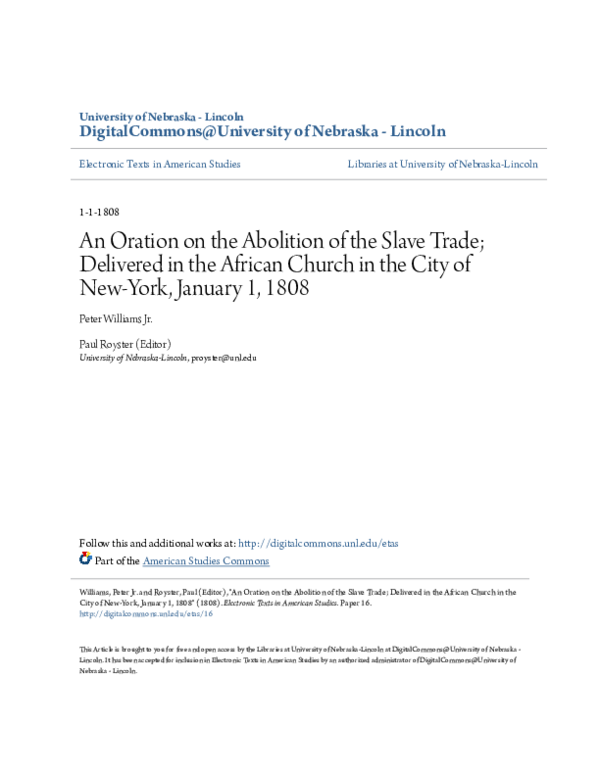 (PDF) An Oration on the Abolition of the Slave Trade; Delivered In the ...