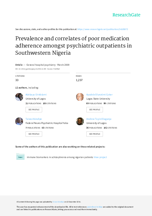 (PDF) Prevalence and correlates of poor medication adherence amongst ...