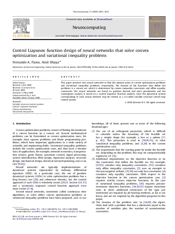 Pdf Control Liapunov Function Design Of Neural Networks That Solve