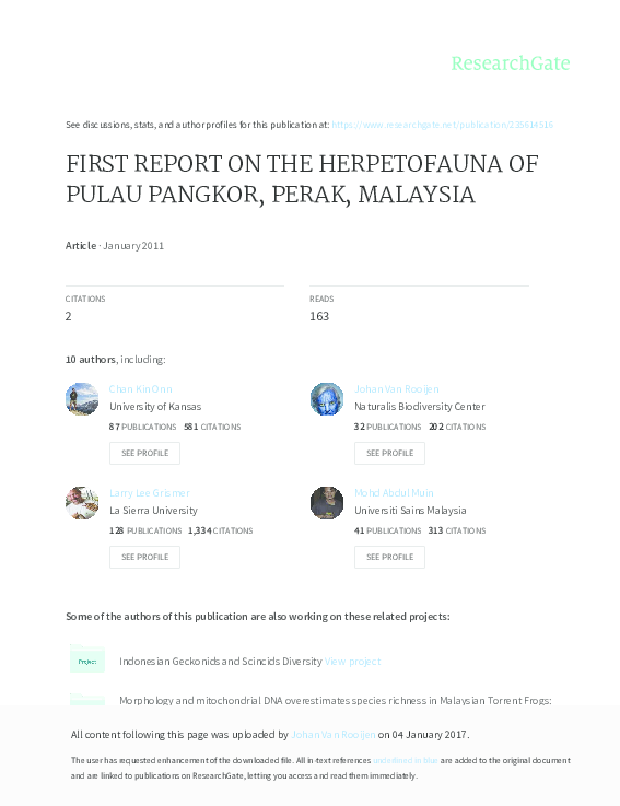 (PDF) FIRST REPORT ON THE HERPETOFAUNA OF PULAU PANGKOR, PERAK, MALAYSIA
