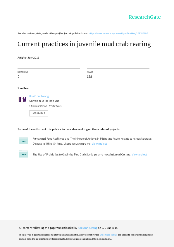 (PDF) Current practices in juvenile mud crab rearing