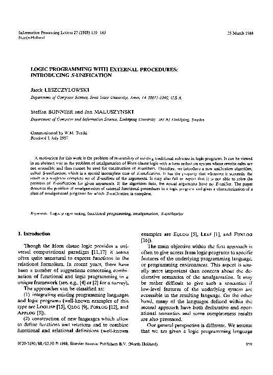 (PDF) Logic programming with external procedures: introducing S-unification