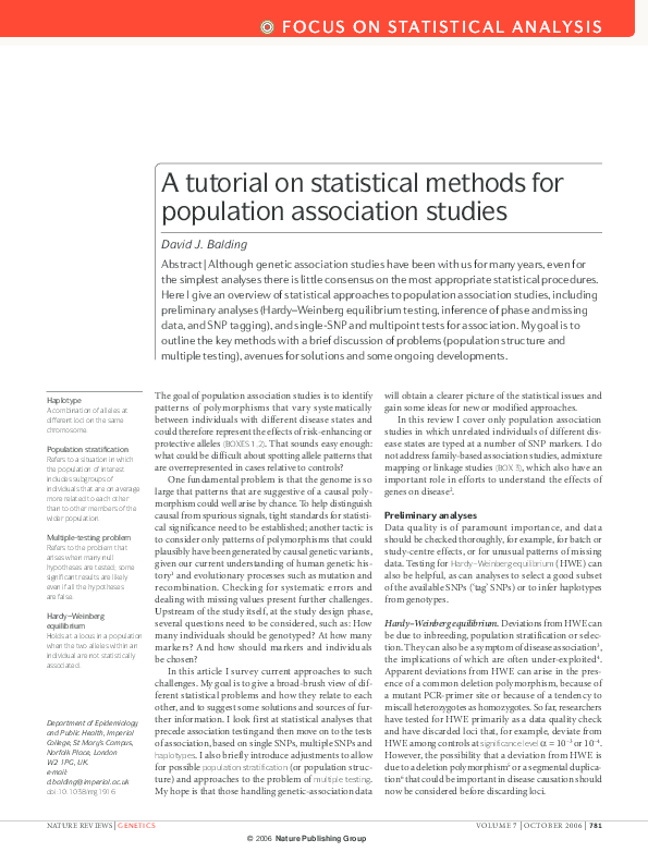 (PDF) A tutorial on statistical methods for population association studies