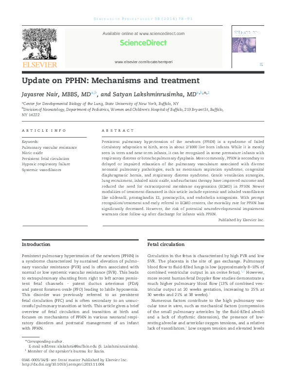 (PDF) Update on PPHN: Mechanisms and treatment
