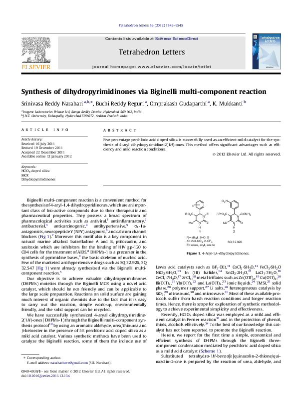 (PDF) Synthesis of dihydropyrimidinones via Biginelli multi-component ...