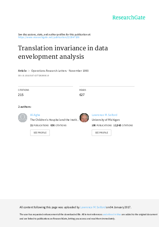 (PDF) Translation invariance in data envelopment analysis