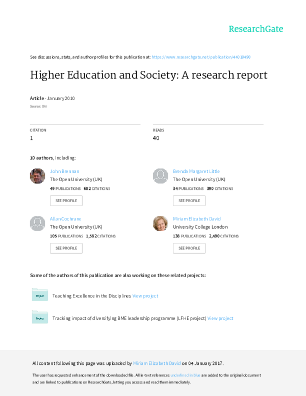 (PDF) Higher Education and Society: A research report
