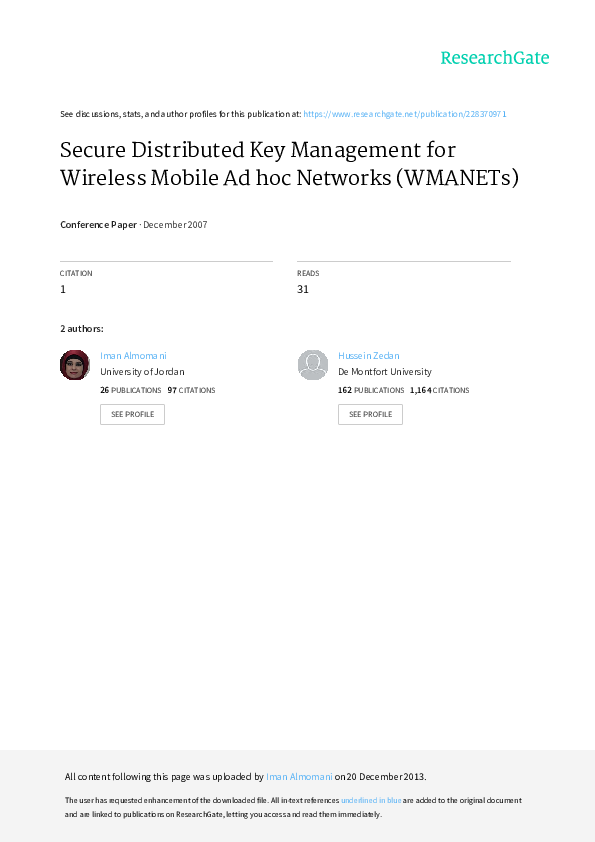 (PDF) Secure Distributed Key Management for Wireless Mobile Ad hoc ...