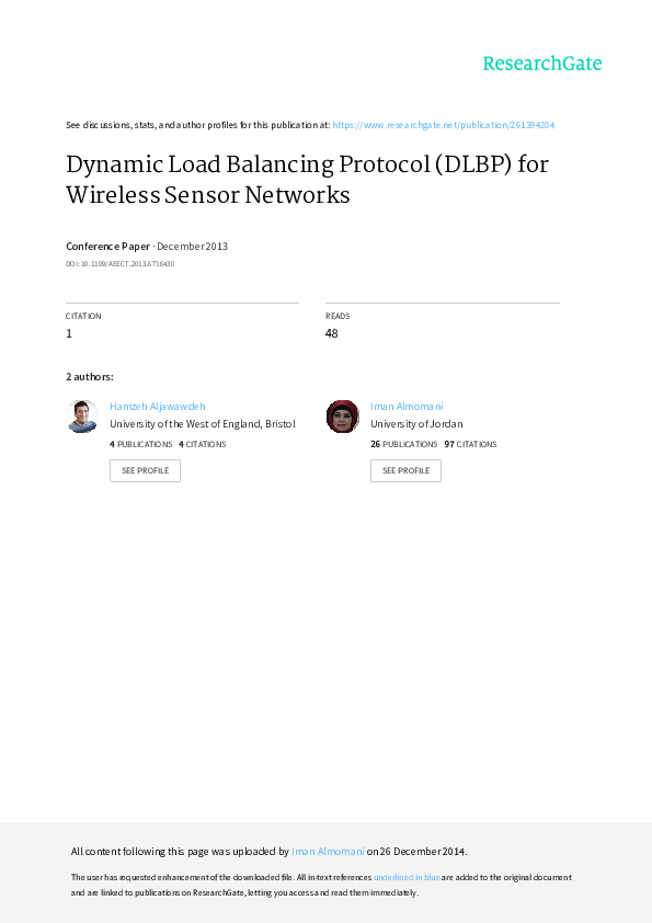 (PDF) Dynamic Load Balancing Protocol (DLBP) for Wireless Sensor Networks | Iman Almomani ...