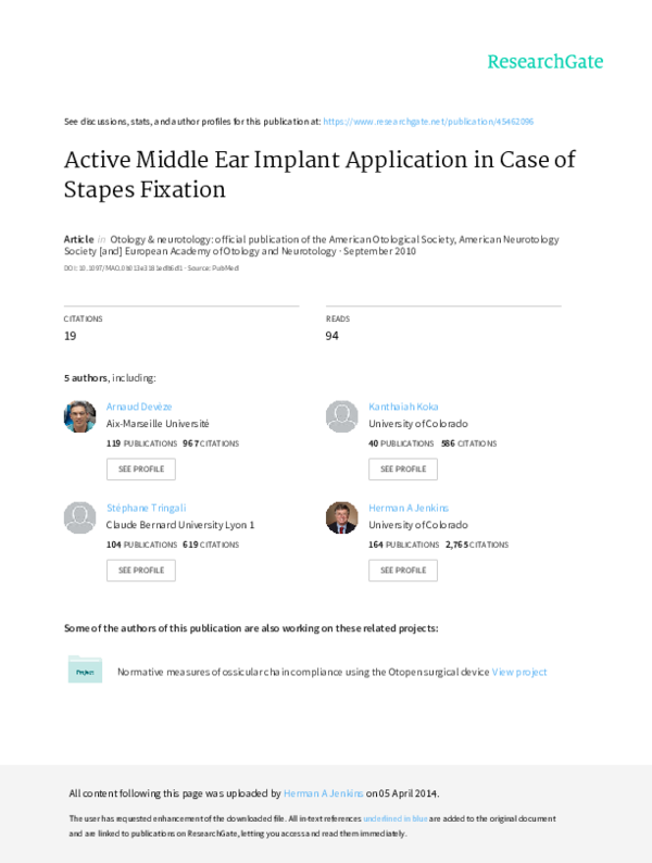 (PDF) Active Middle Ear Implant Application in Case of Stapes Fixation