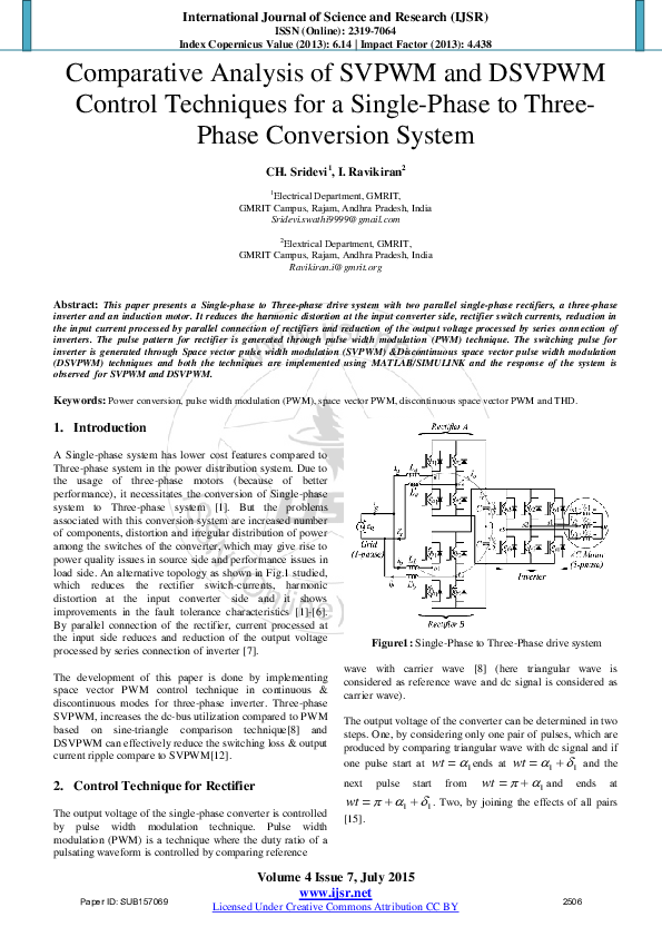 Pdf Comparative Analysis Of Svpwm And Dsvpwm Control Techniques For A Single Phase To Three