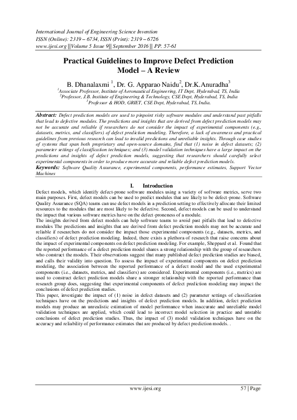 Pdf Practical Guidelines To Improve Defect Prediction Model A Review