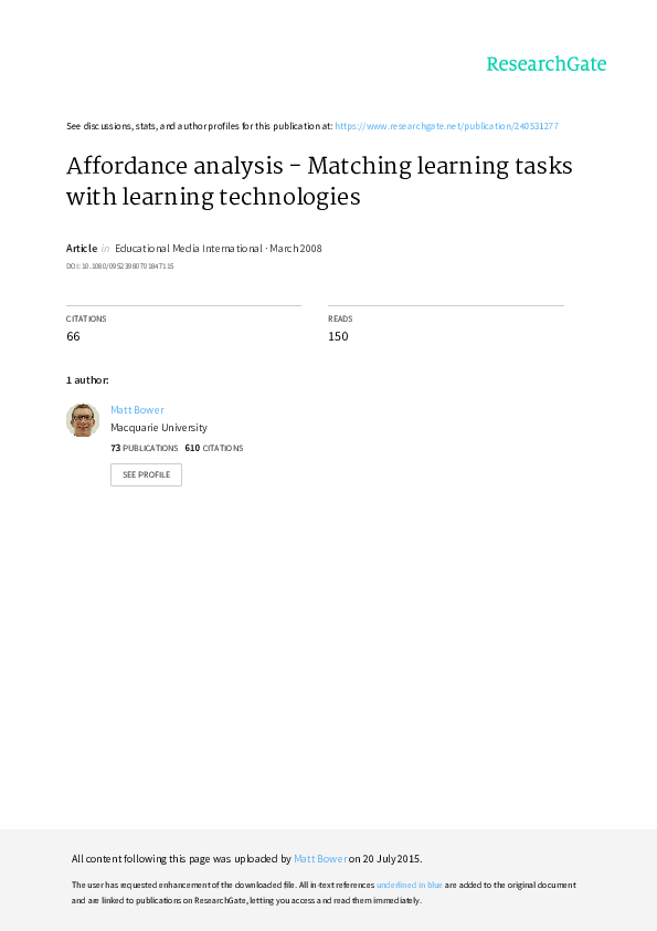 (PDF) Affordance analysis – matching learning tasks with learning technologies
