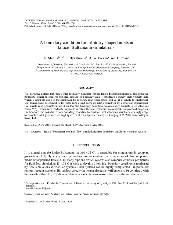 (PDF) A boundary condition for arbitrary shaped inlets in lattice Boltzmann simulations
