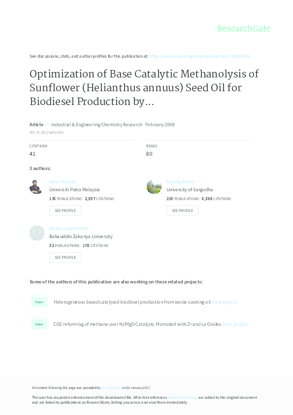 (PDF) Optimization of base catalytic methanolysis of sunflower ...