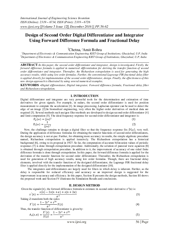 Pdf Design Of Second Order Digital Differentiator And Integrator