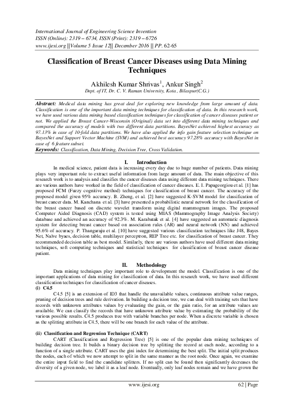 Pdf Classification Of Breast Cancer Diseases Using Data Mining Techniques Ajer Research