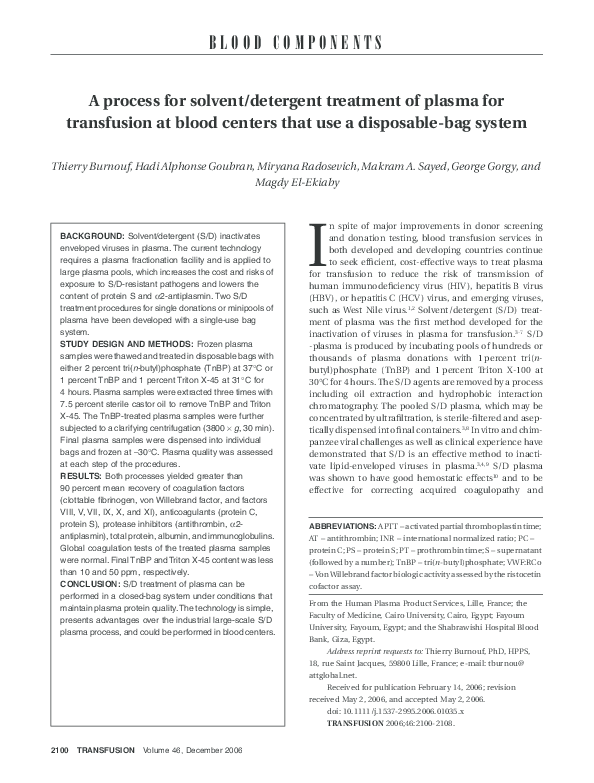 (PDF) A process for solvent/detergent treatment of plasma for ...