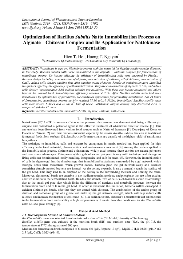 Pdf Optimization Of Bacillus Subtilis Natto Immobilization Process On Alginate Chitosan