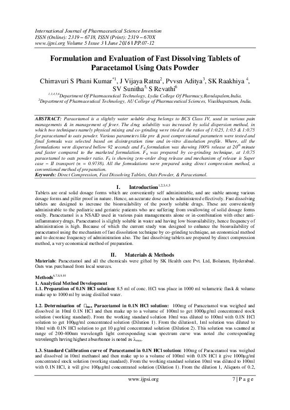 Pdf Formulation And Evaluation Of Fast Dissolving Tablets Of Paracetamol Using Oats Powder