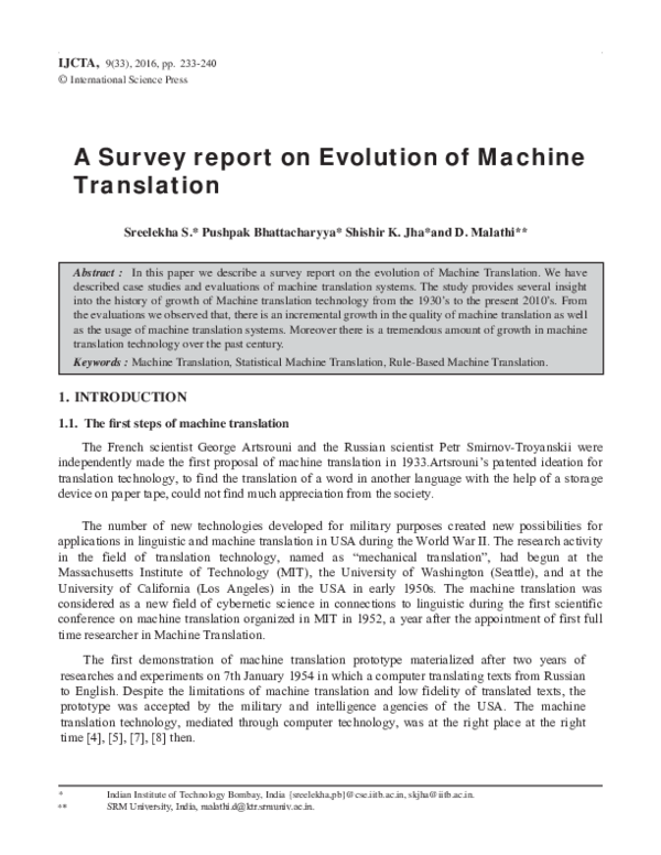 (PDF) A Survey Report on Evolution of Machine Translation