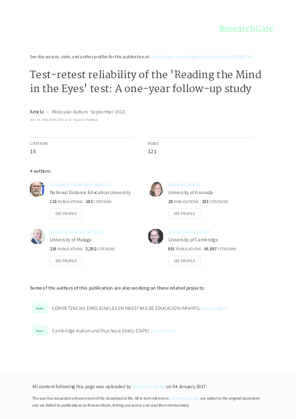 (PDF) Test-retest reliability of the 'Reading the Mind in the Eyes ...