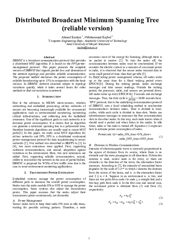(PDF) Distributed Broadcast Minimum Spanning Tree (reliable version) (PDF) Distributed Broadcast Minimum Spanning Tree (reliable version)