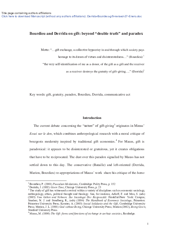 (PDF) Bourdieu and Derrida on Gift: Beyond ´Double Truth´and Paradox