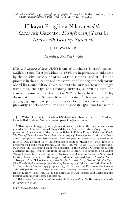 (PDF) Hikayat Panglima Nikosa and the Sarawak Gazette: Transforming ...
