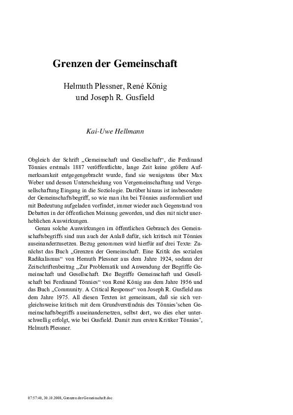 (PDF) Grenzen der Gemeinschaft. Helmuth Plessner, René König und Joseph ...