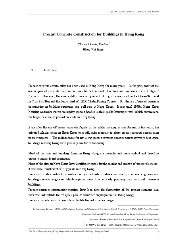 (PDF) Precast Concrete Construction for Buildings in Hong Kong