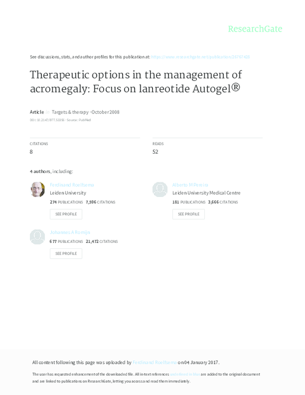 (PDF) Therapeutic options in the management of acromegaly: focus on ...
