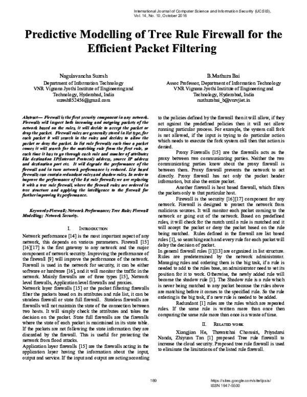 Pdf Predictive Modelling Of Tree Rule Firewall For The Efficient Packet Filtering