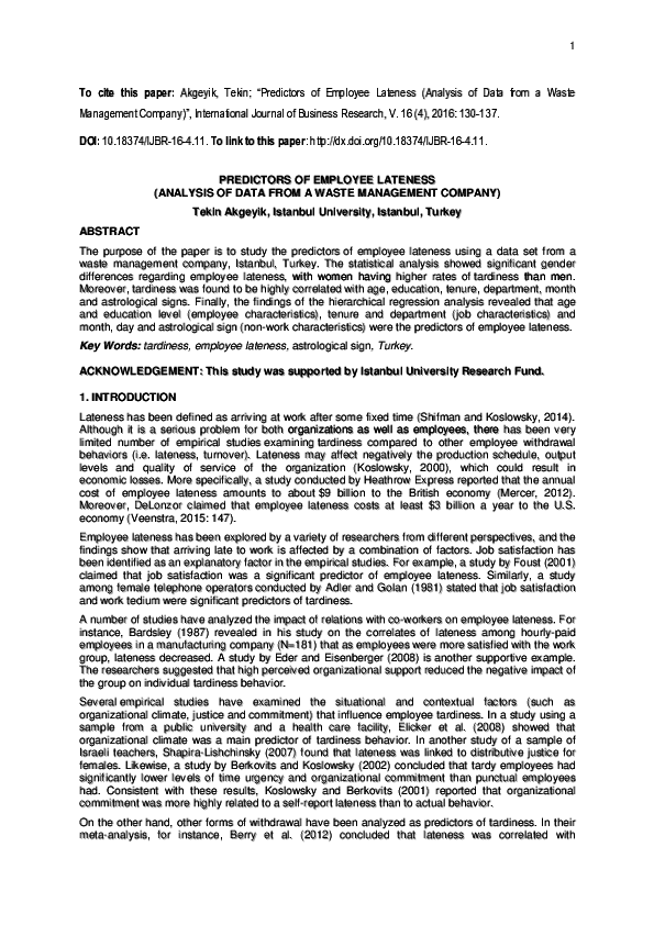 (PDF) Predictors of Employee Lateness