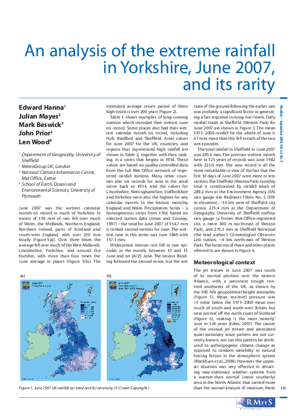(PDF) An analysis of the extreme rainfall in Yorkshire, June 2007, and ...