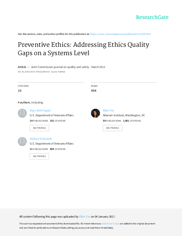 (PDF) Preventive ethics: addressing ethics quality gaps on a systems level