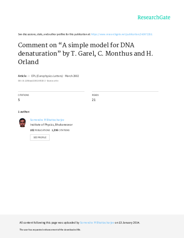 (PDF) Comment on “A simple model for DNA denaturation” by T. Garel, C. Monthus and H. Orland ...
