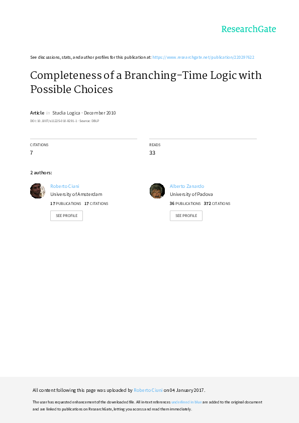 (PDF) Completeness of a Branching-Time Logic with Possible Choices