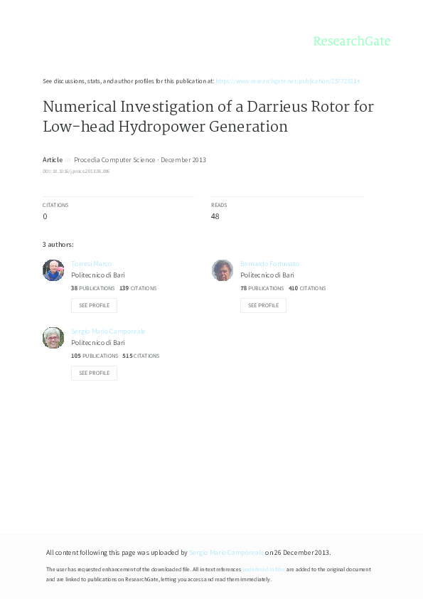 (PDF) Numerical Investigation of a Darrieus Rotor for Low-head ...