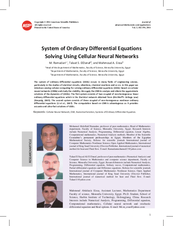 Pdf System Of Ordinary Differential Equations Solving Using Cellular Neural Networks