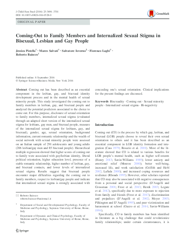 (PDF) Coming-Out to Family Members and Internalized Sexual Stigma in Bisexual, Lesbian and Gay ...
