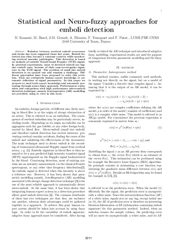 (PDF) Statistical and Neuro-fuzzy approaches for emboli detection | Jean-Marc Girault - Academia.edu