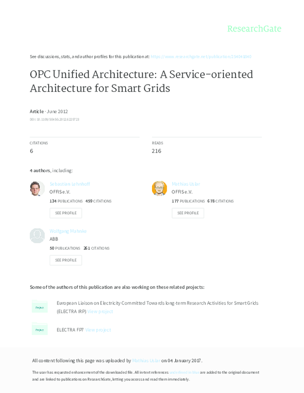 (PDF) OPC Unified Architecture: A Service-oriented Architecture for Smart Grids