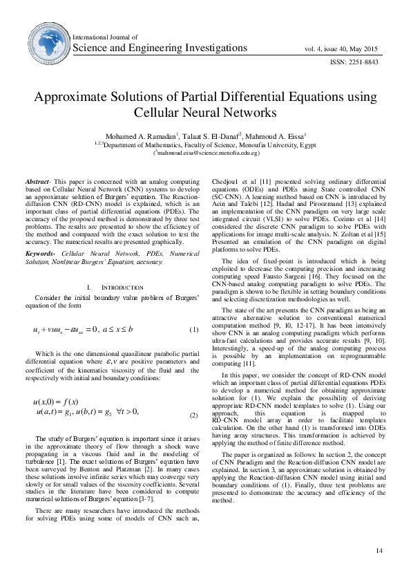 Pdf Approximate Solutions Of Partial Differential Equations Using Cellular Neural Networks