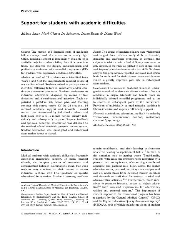 (PDF) Support for students with academic difficulties