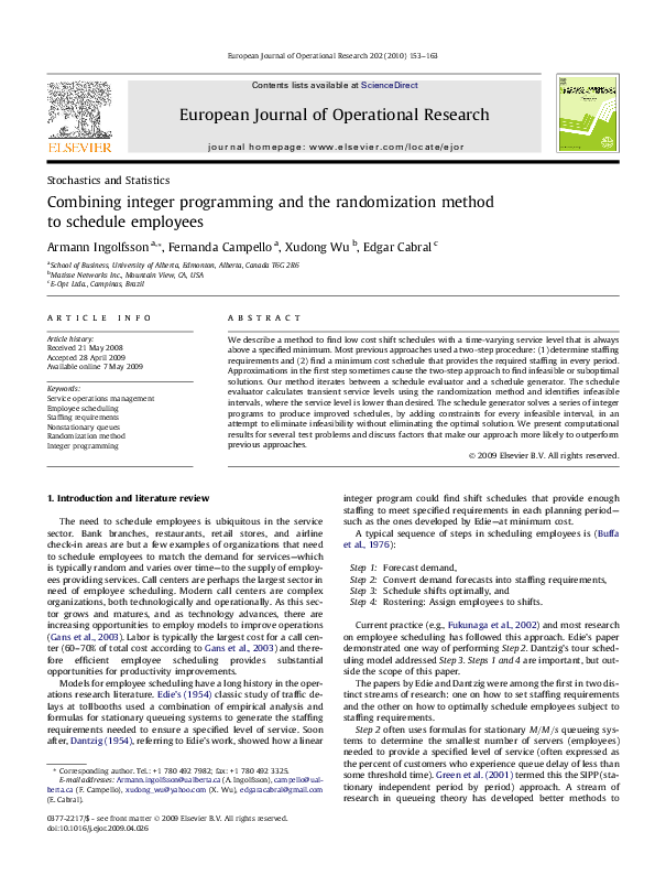 Pdf Combining Integer Programming And The Randomization Method To Schedule Employees Armann