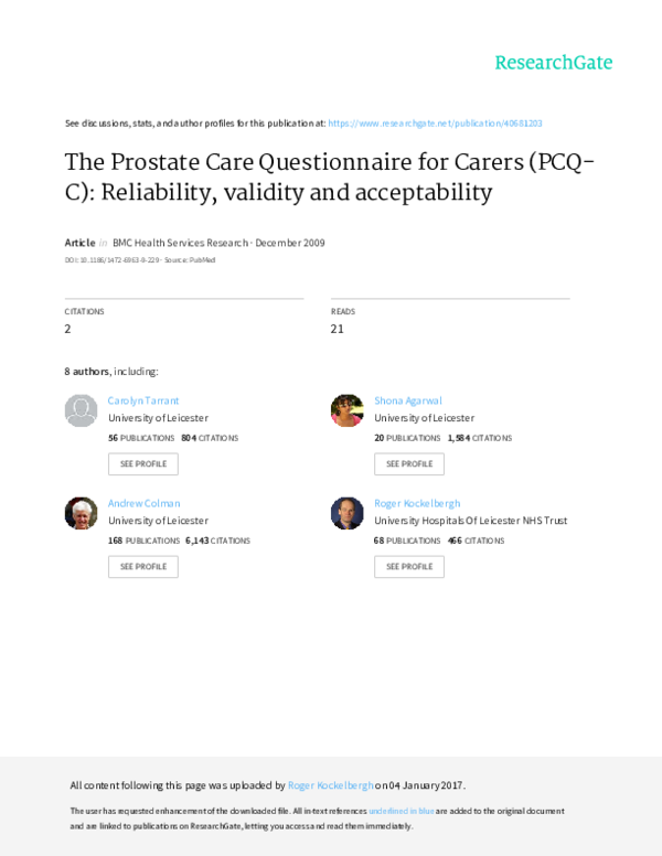 (PDF) The Prostate Care Questionnaire for Carers (PCQ-C): reliability ...
