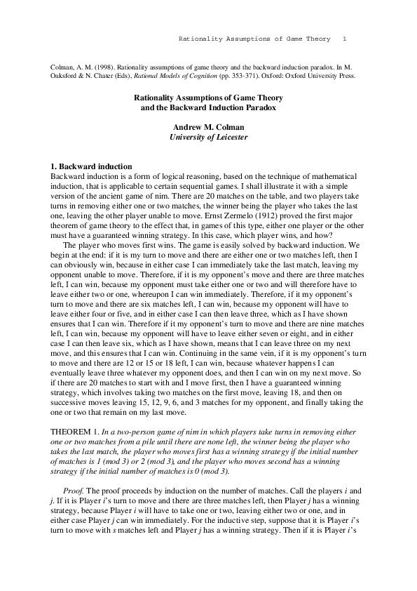 (PDF) Rationality assumptions of game theory and the backward induction ...