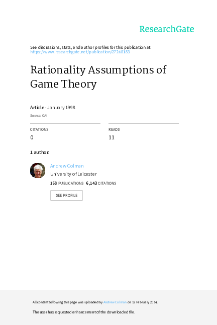 (PDF) Rationality Assumptions of Game Theory | Andrew M Colman ...