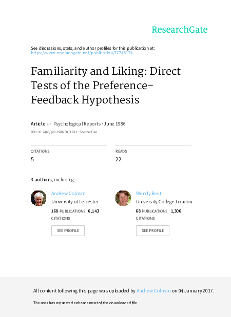 (PDF) Familiarity and Liking: Direct Tests of the Preference-Feedback ...